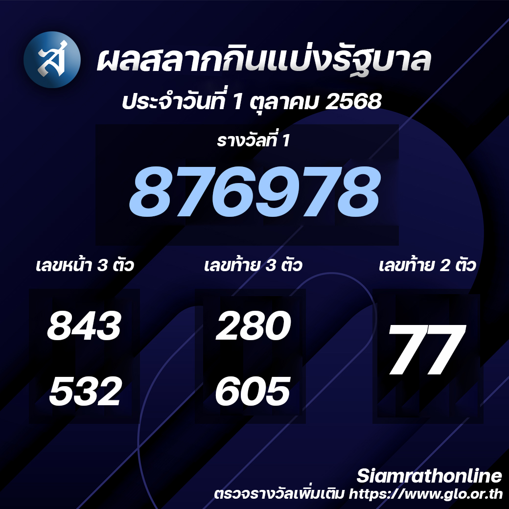 ตรวจสลากกินแบ่งรัฐบาล ตรวจหวย 1 ตุลาคม 2568 - SIAMRATH VARIETY